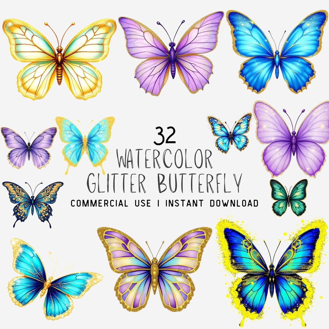 Watercolor Glitter Butterfly Clipart, Butterfly Clip Art, PNG Bundle ...