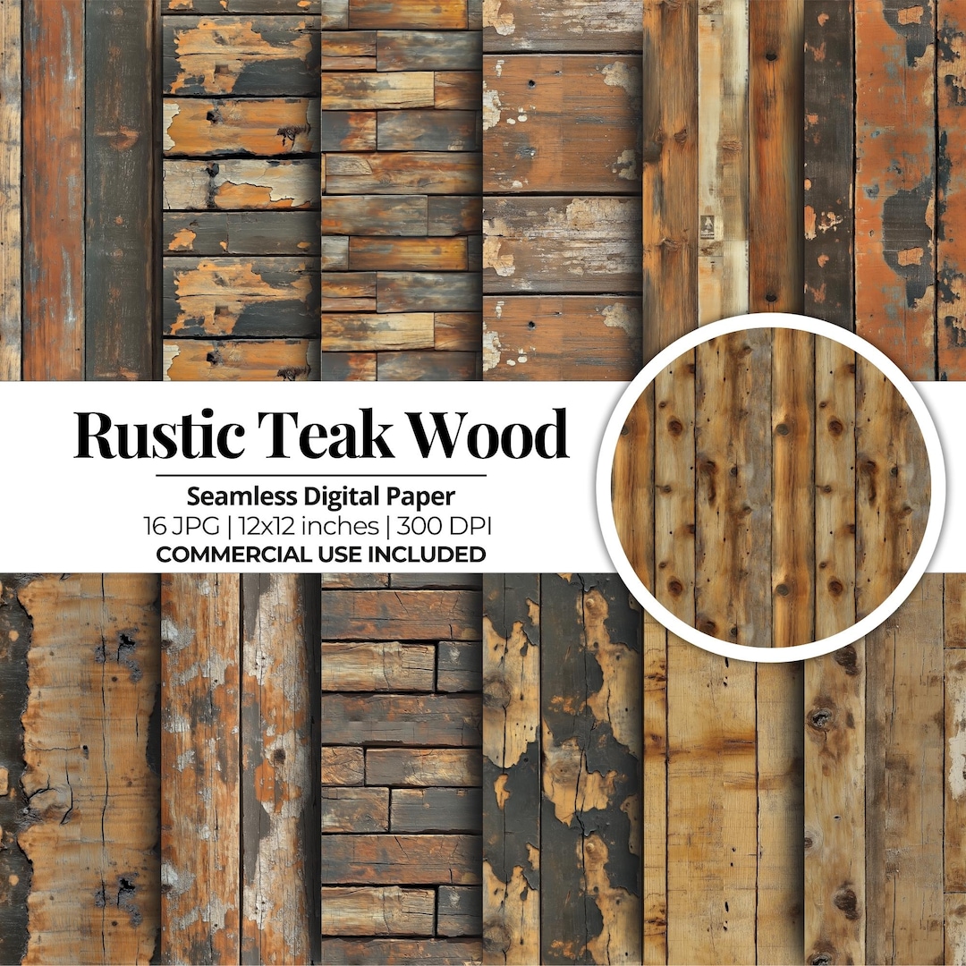 Seamless Rustic Teak Wood Texture | 16 Jpg Digital Paper Bundle ...