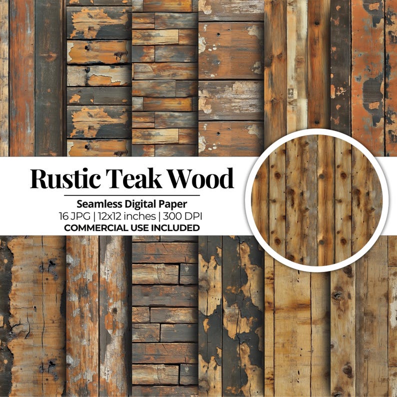 Seamless Rustic Teak Wood Texture | 16 Jpg Digital Paper Bundle ...