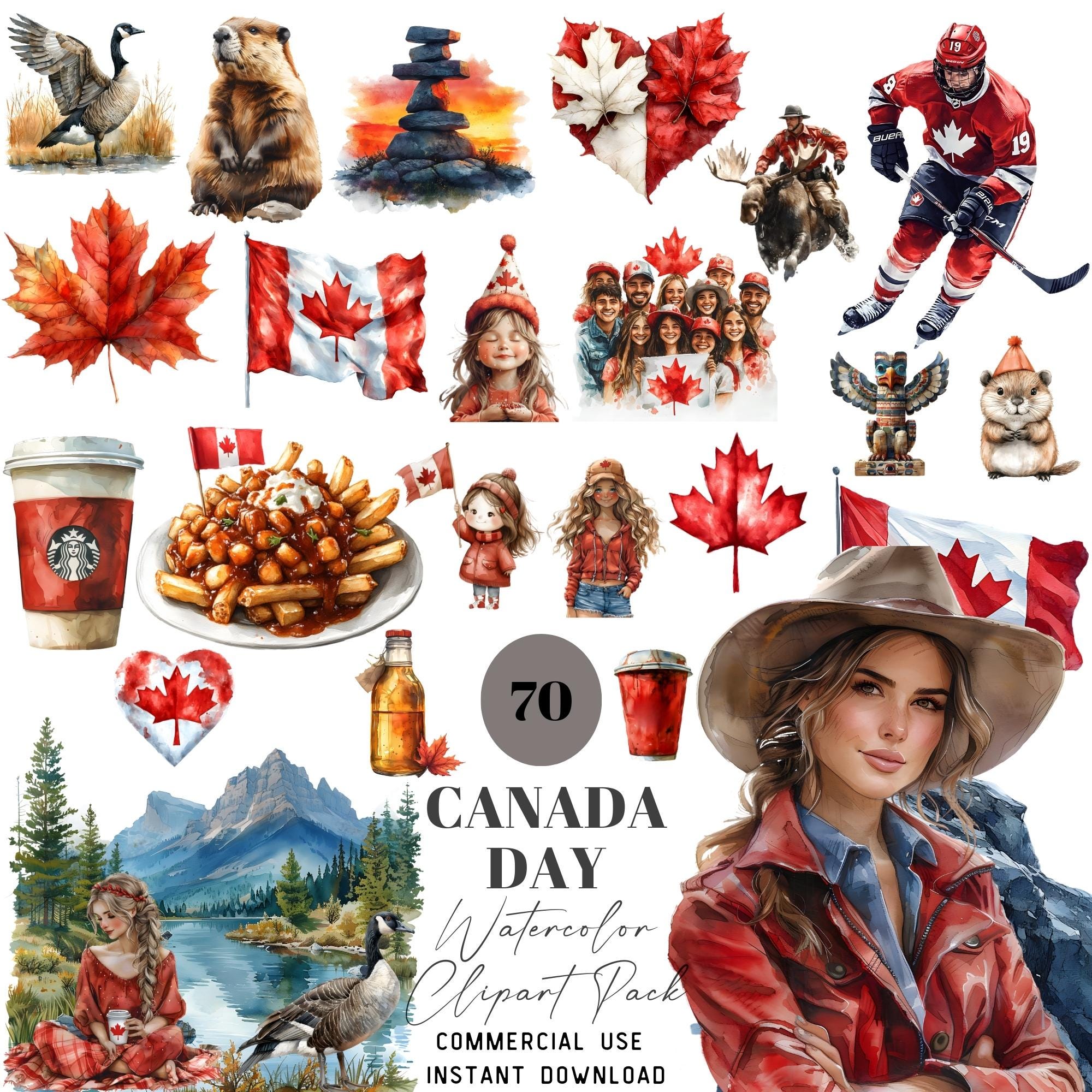 70 Watercolor Canada Day Clipart | Canadian Flag PNG Bundle | Hockey ...
