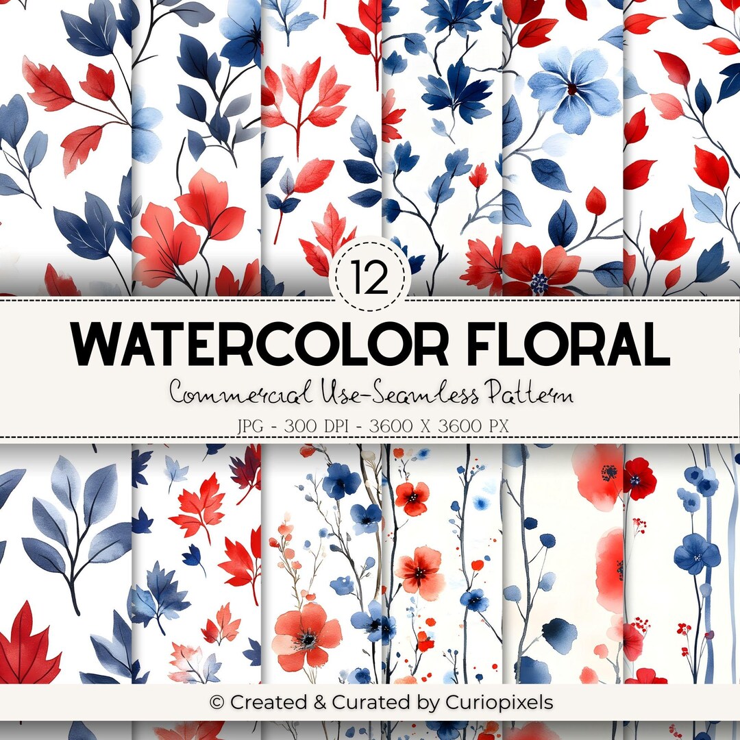 Seamless Floral Pattern, Watercolor Wildflower, 12 Jpg, Digital Paper ...