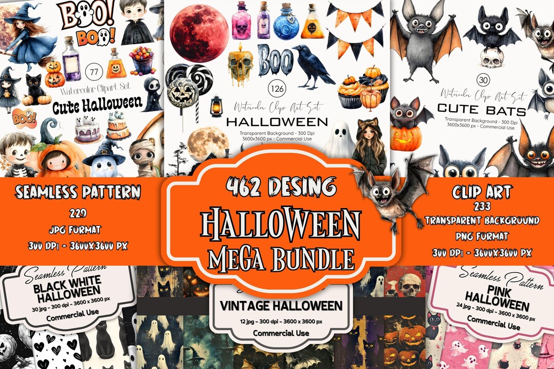 462 Halloween Mega Bundle, Halloween Clipart & nahtlose Muster ...