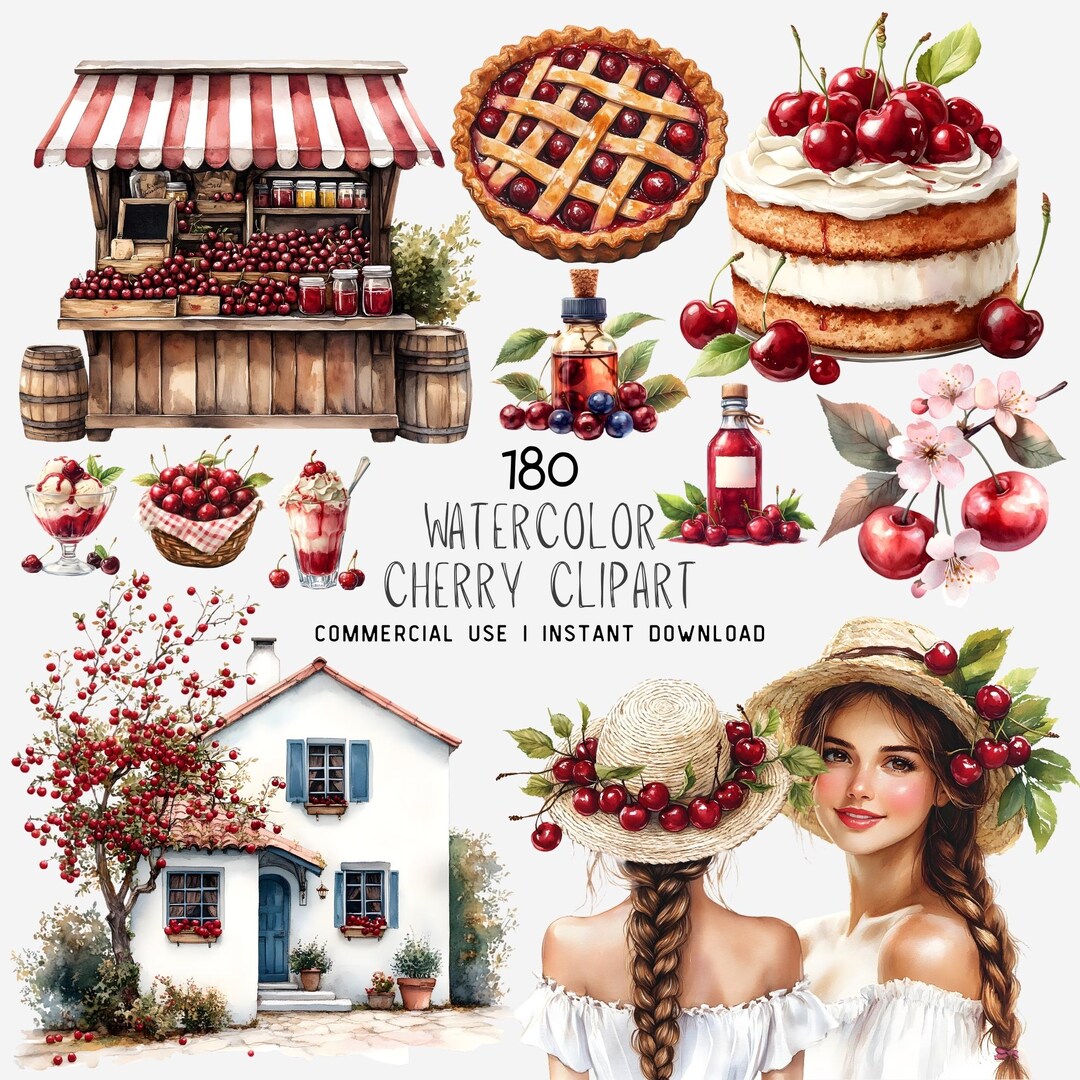 Watercolor Cherry Clipart Bundle: Cherry Blossom PNG, Dessert ...
