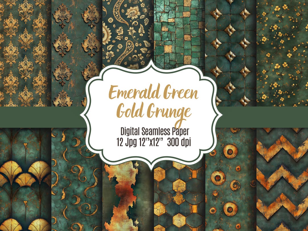 Emerald Green Gold Grunge Digital Seamless Paper 12 JPG, 12x12, 300 DPI ...