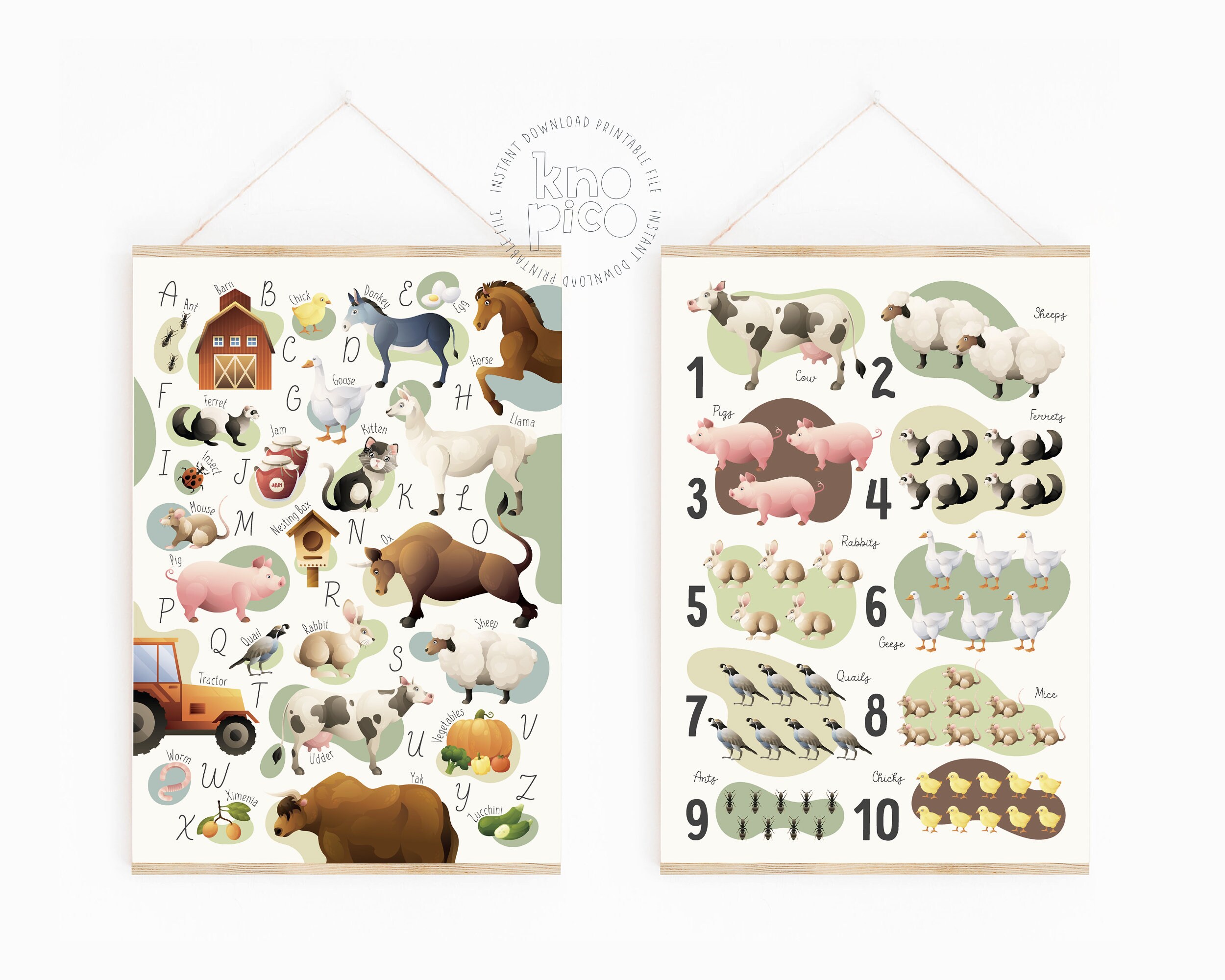 Farm Animals ABC and Numbers Educational Poster Set for Kids: Discover ...