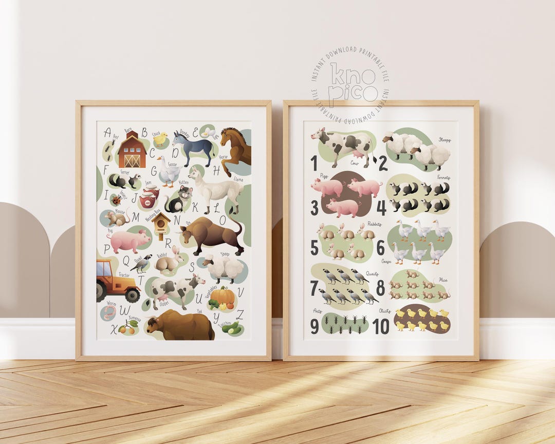Farm Animal ABC Poster and Kids Numbers Counting Two Piece Set ...