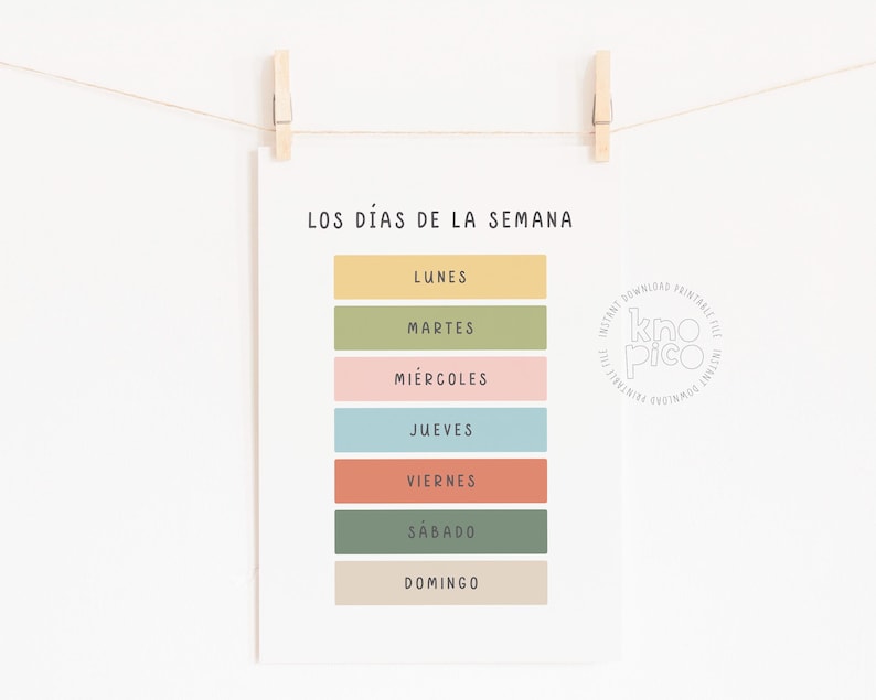Days of the Week Poster: Educational Wall Art for Kids, Spanish ...