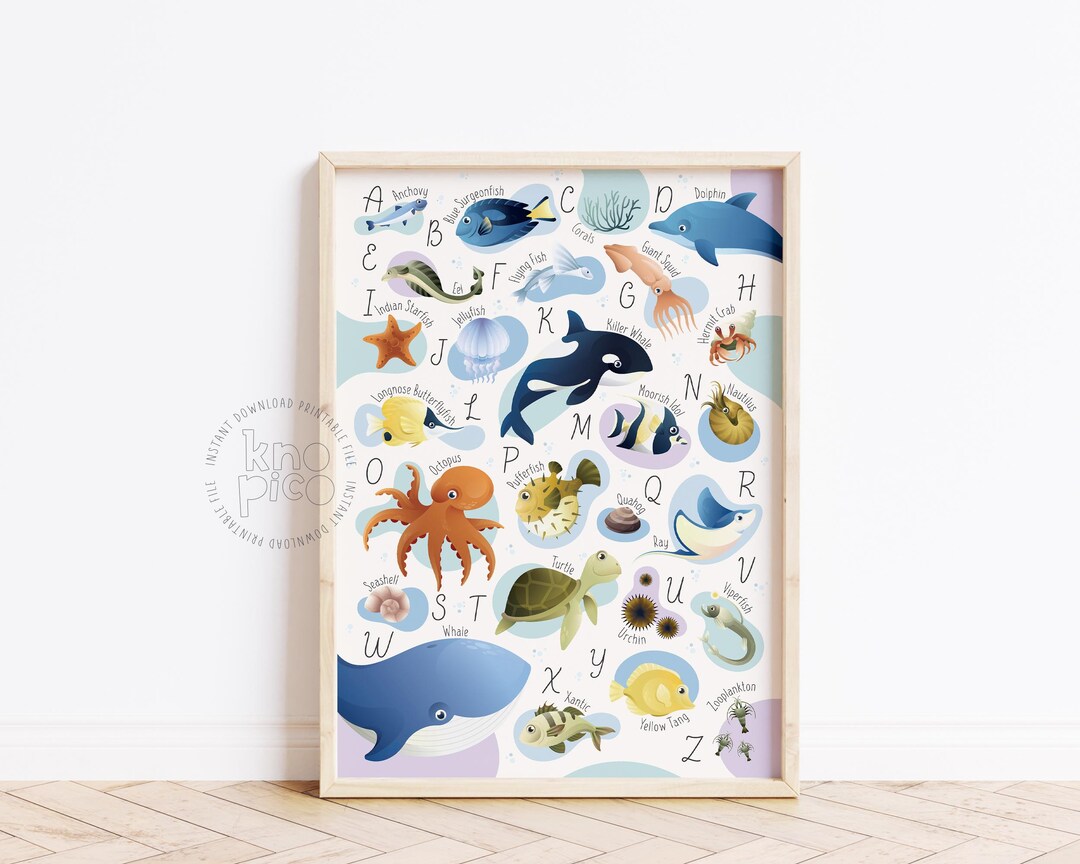 Ocean Animal Alphabet Poster | Educational Nursery Wall Art Decor for ...