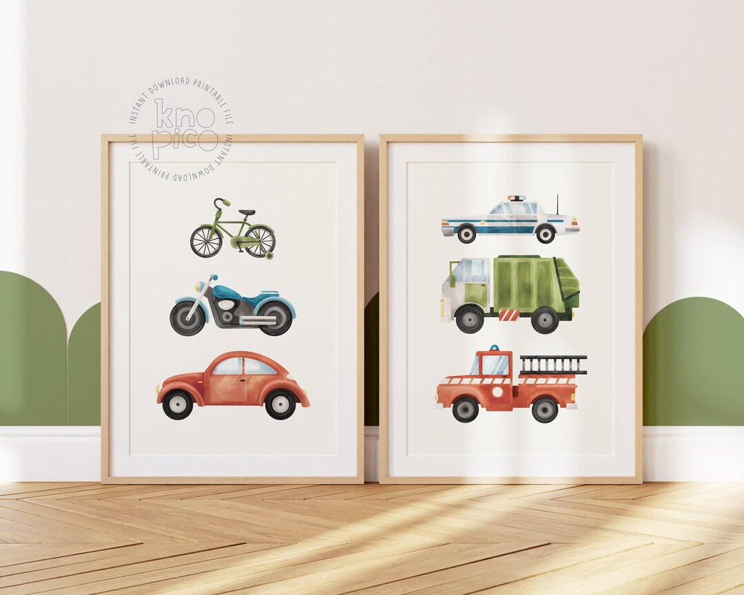 Watercolor Transport Boy Room Vehicle Wall Art Set of 2 | Boys Nursery ...