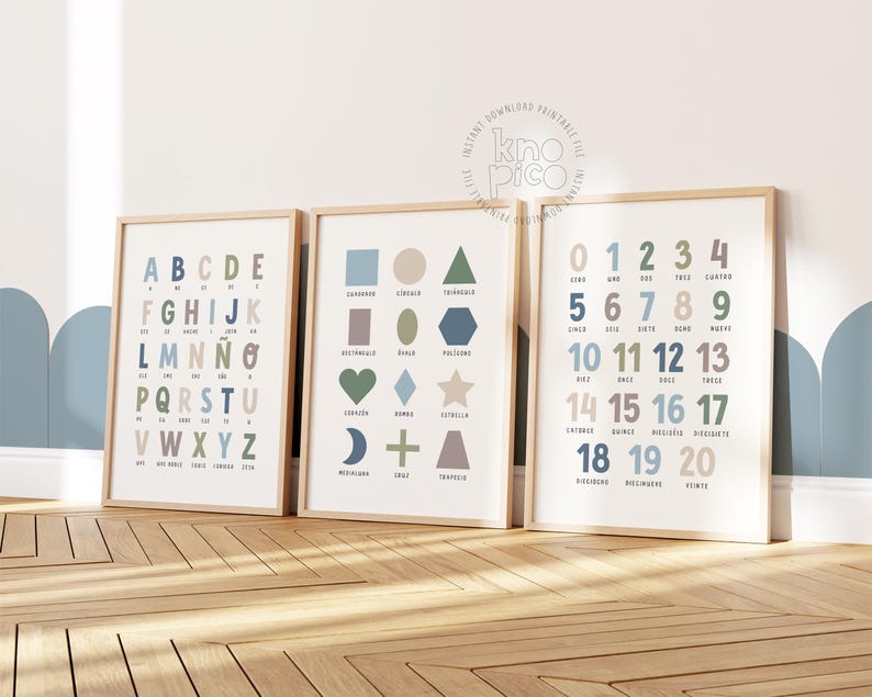 Set of 3 Prints for Kids: Alphabet, Numbers, and Shapes | 3-piece Wall ...