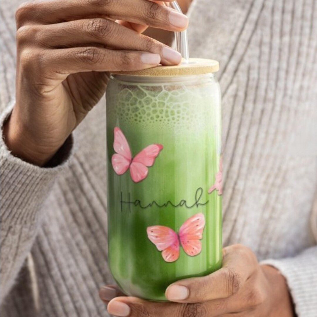 Pink Butterfly Sipper Glass With Name, Clean Girl Aesthetic, Iced ...