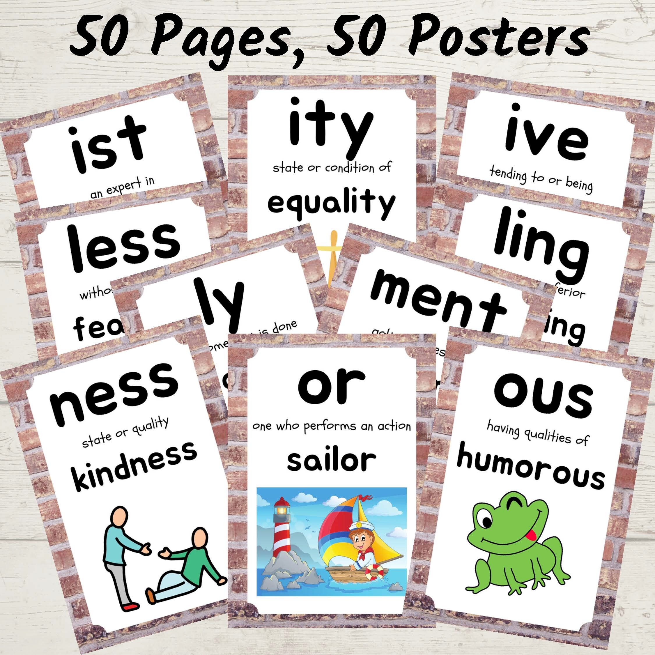 Suffix Posters 50 Grammar Anchor Charts for Classroom Decor and Word ...