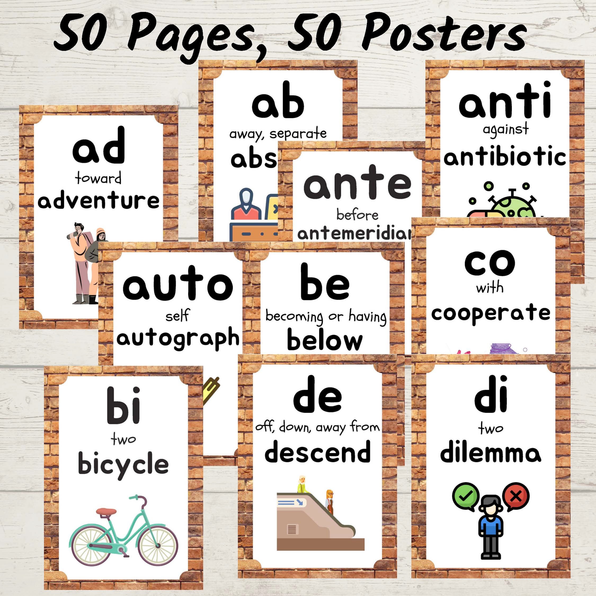 Prefix Posters 50 Grammar Anchor Charts for Classroom Decor and Word ...
