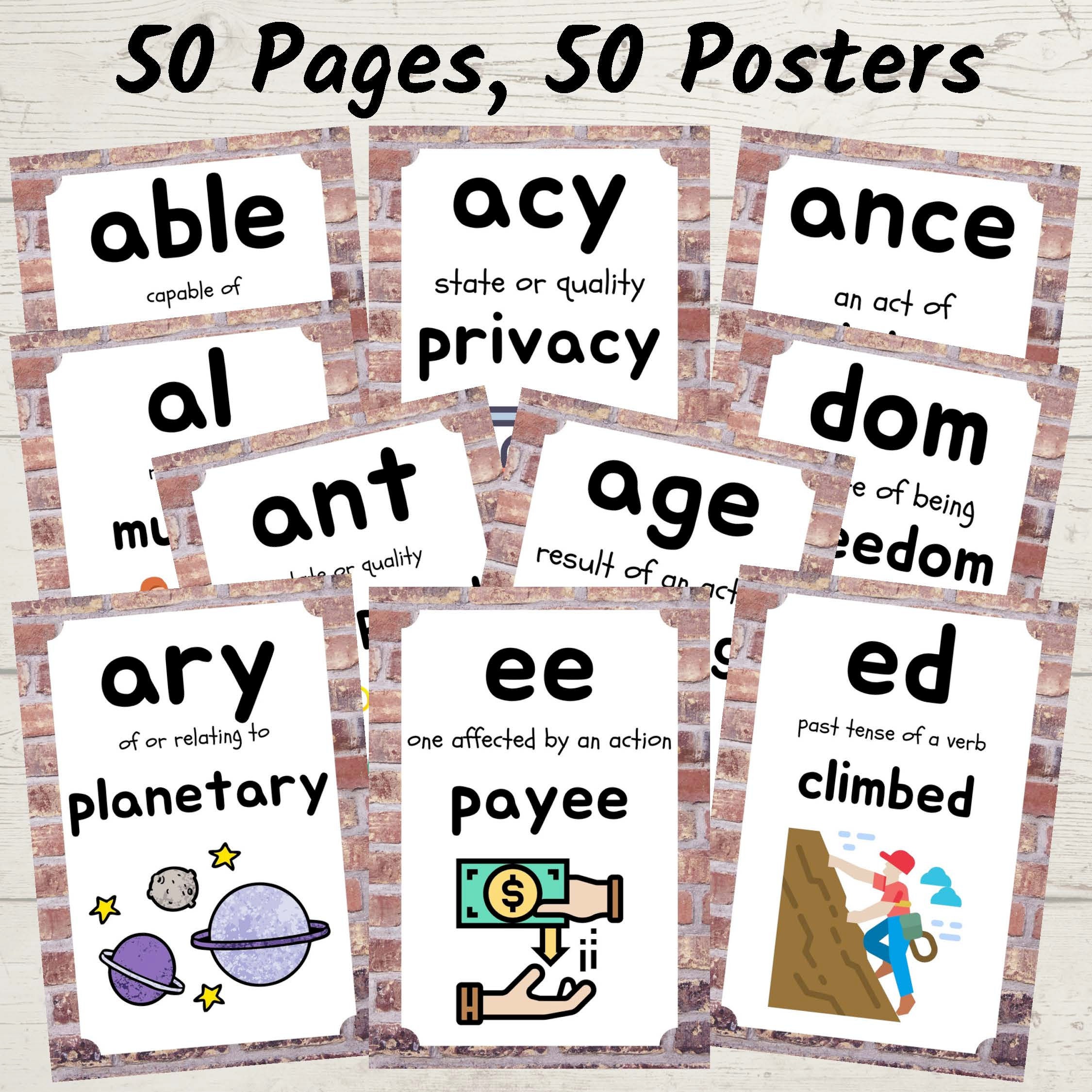 Suffix Posters 50 Grammar Anchor Charts for Classroom Decor and Word ...