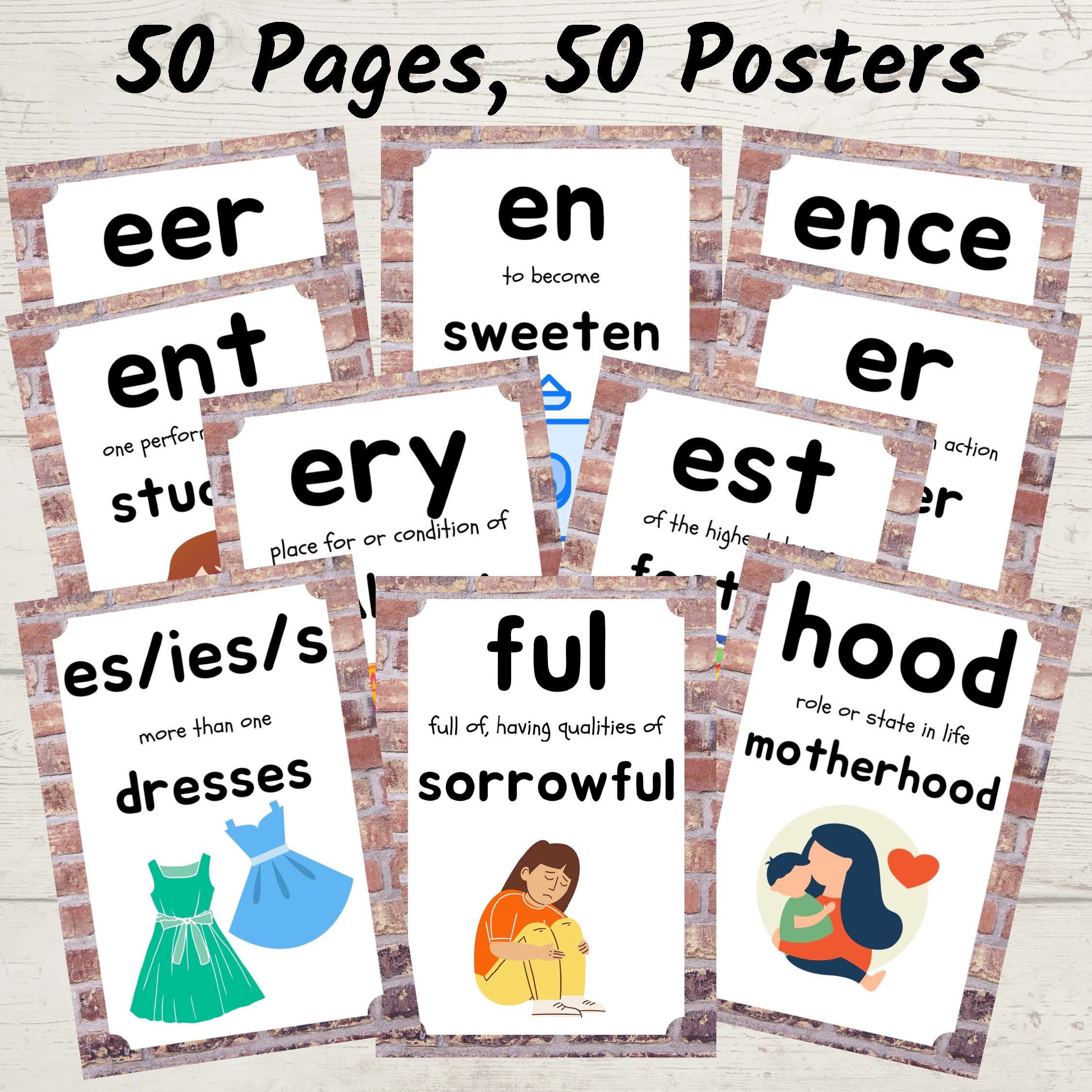 Suffix Posters – 50 Grammar Anchor Charts for Classroom Decor and Word ...