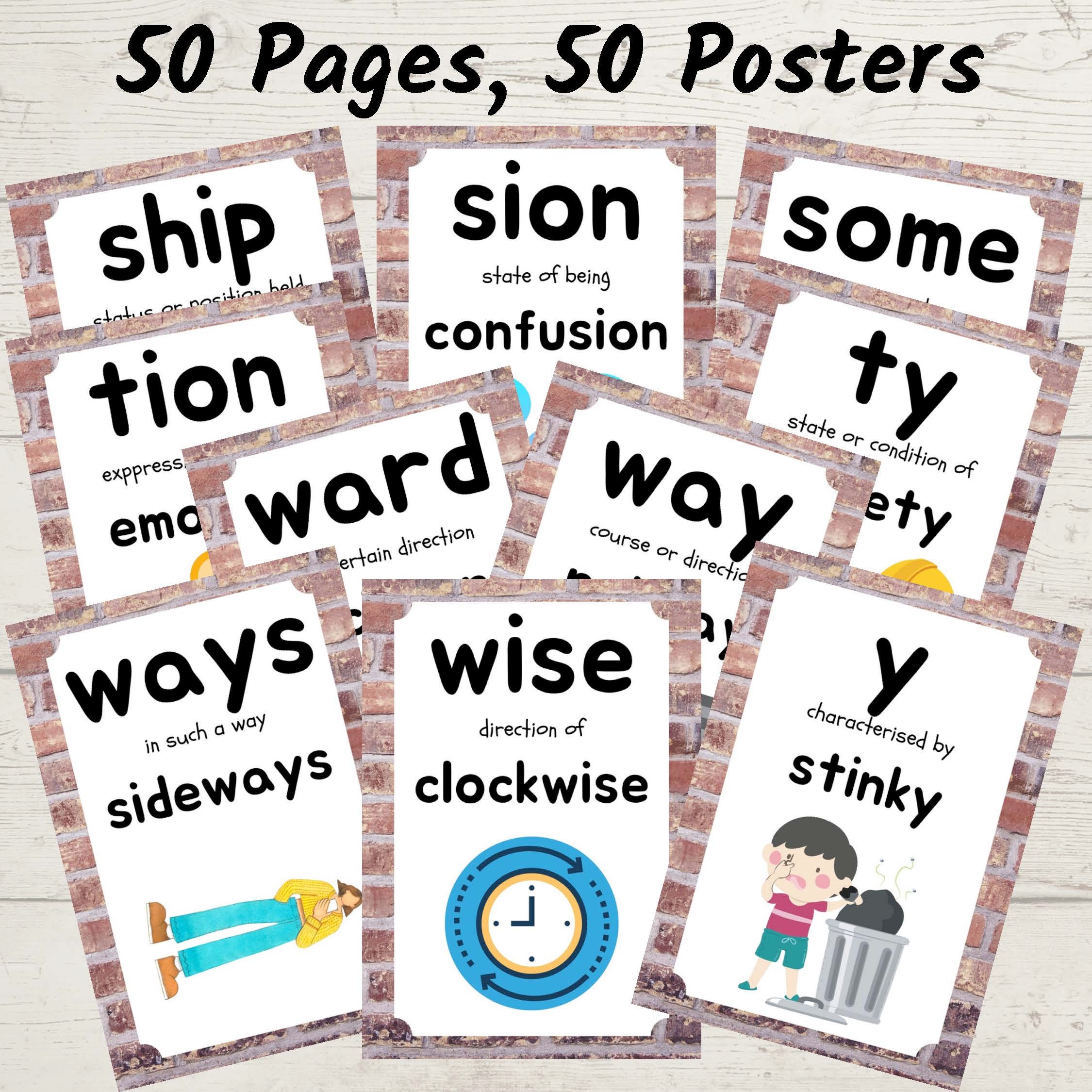 Suffix Posters 50 Grammar Anchor Charts for Classroom Decor and Word ...