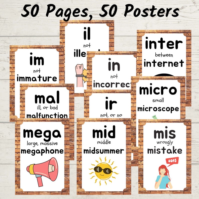 Prefix Posters – 50 Grammar Anchor Charts for Classroom Decor and Word ...