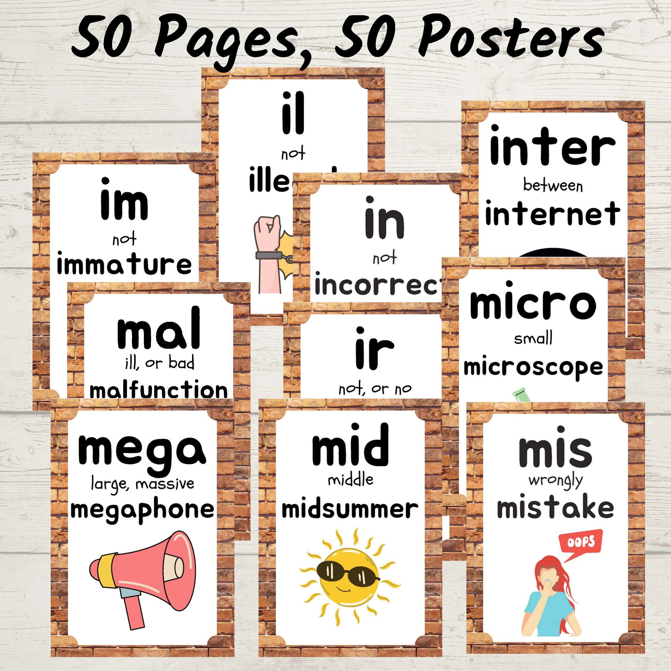 Prefix Posters 50 Grammar Anchor Charts for Classroom Decor and Word ...