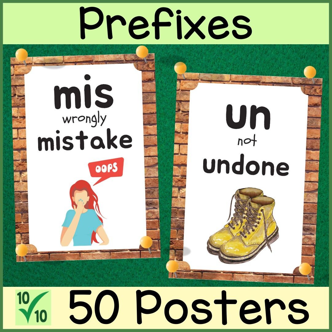 Prefix Posters – 50 Grammar Anchor Charts for Classroom Decor and Word ...