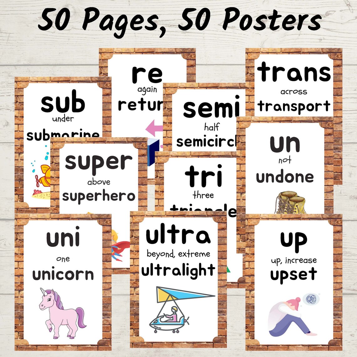 Prefix Posters 50 Grammar Anchor Charts for Classroom Decor and Word ...
