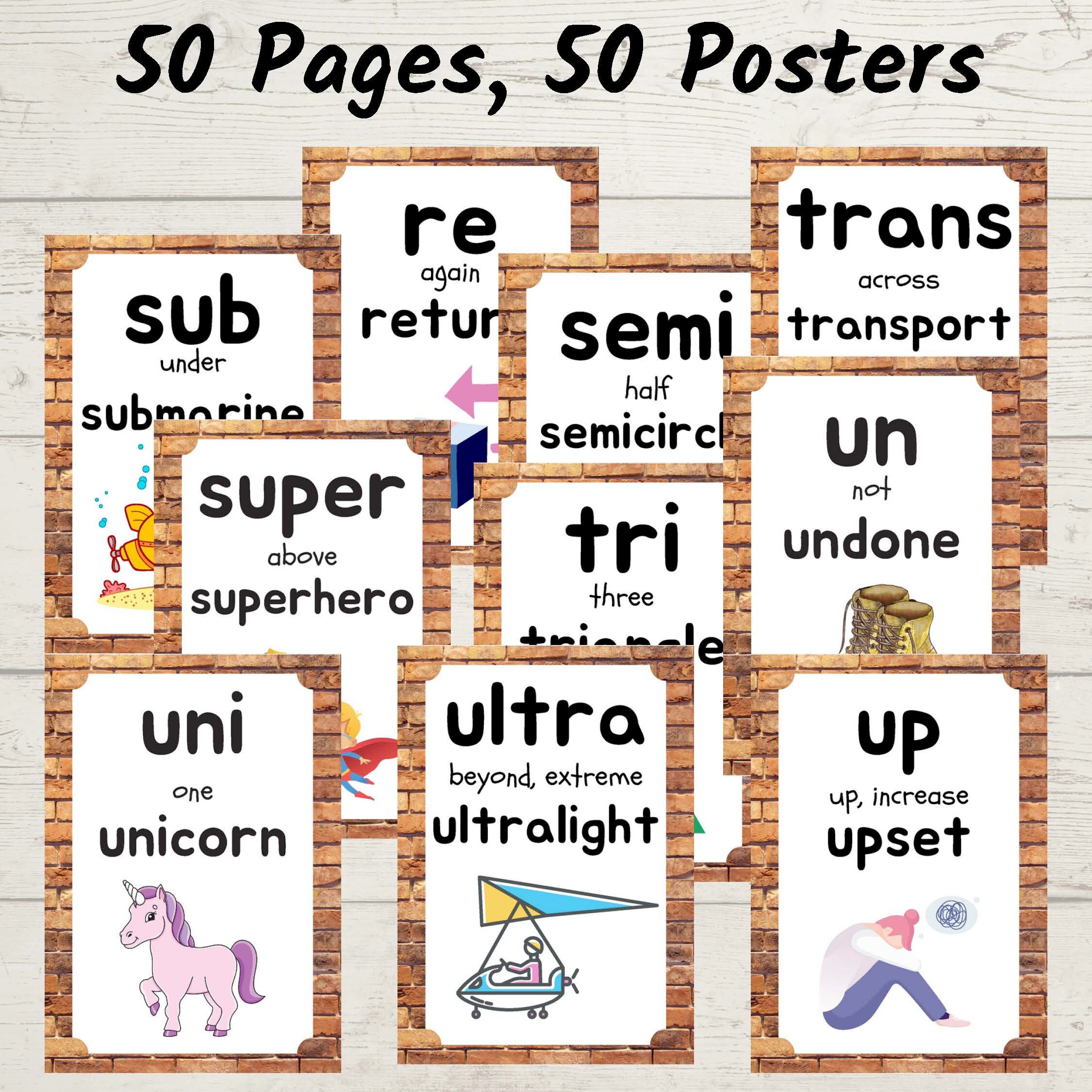 Prefix Posters 50 Grammar Anchor Charts for Classroom Decor and Word ...