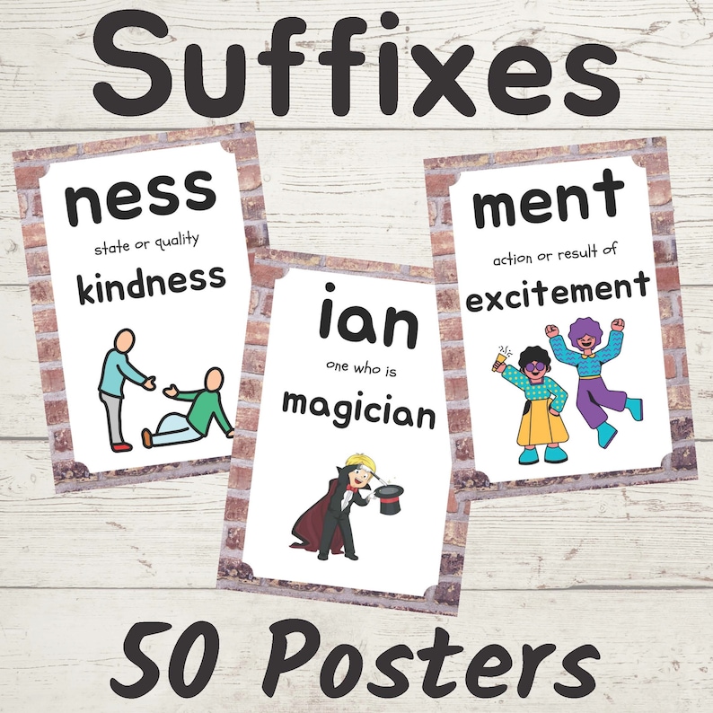 Suffix Posters – 50 Grammar Anchor Charts for Classroom Decor and Word Walls or Homeschool ...