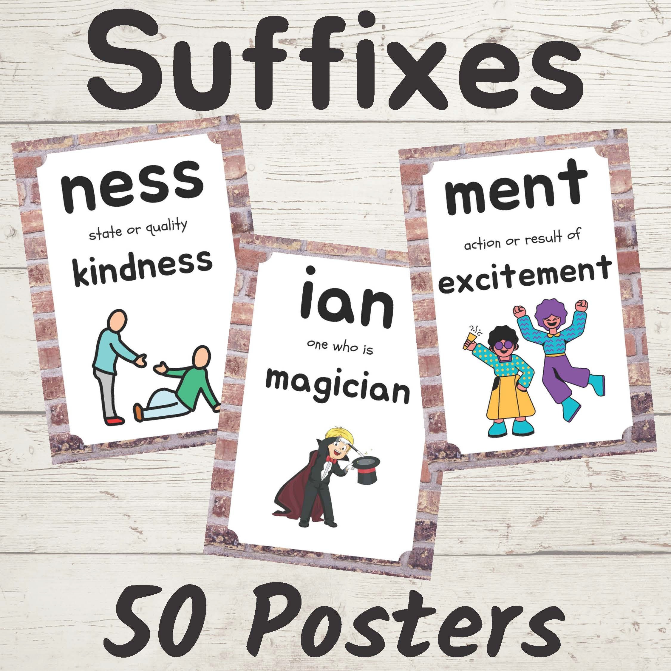 Suffix Posters – 50 Grammar Anchor Charts for Classroom Decor and Word ...