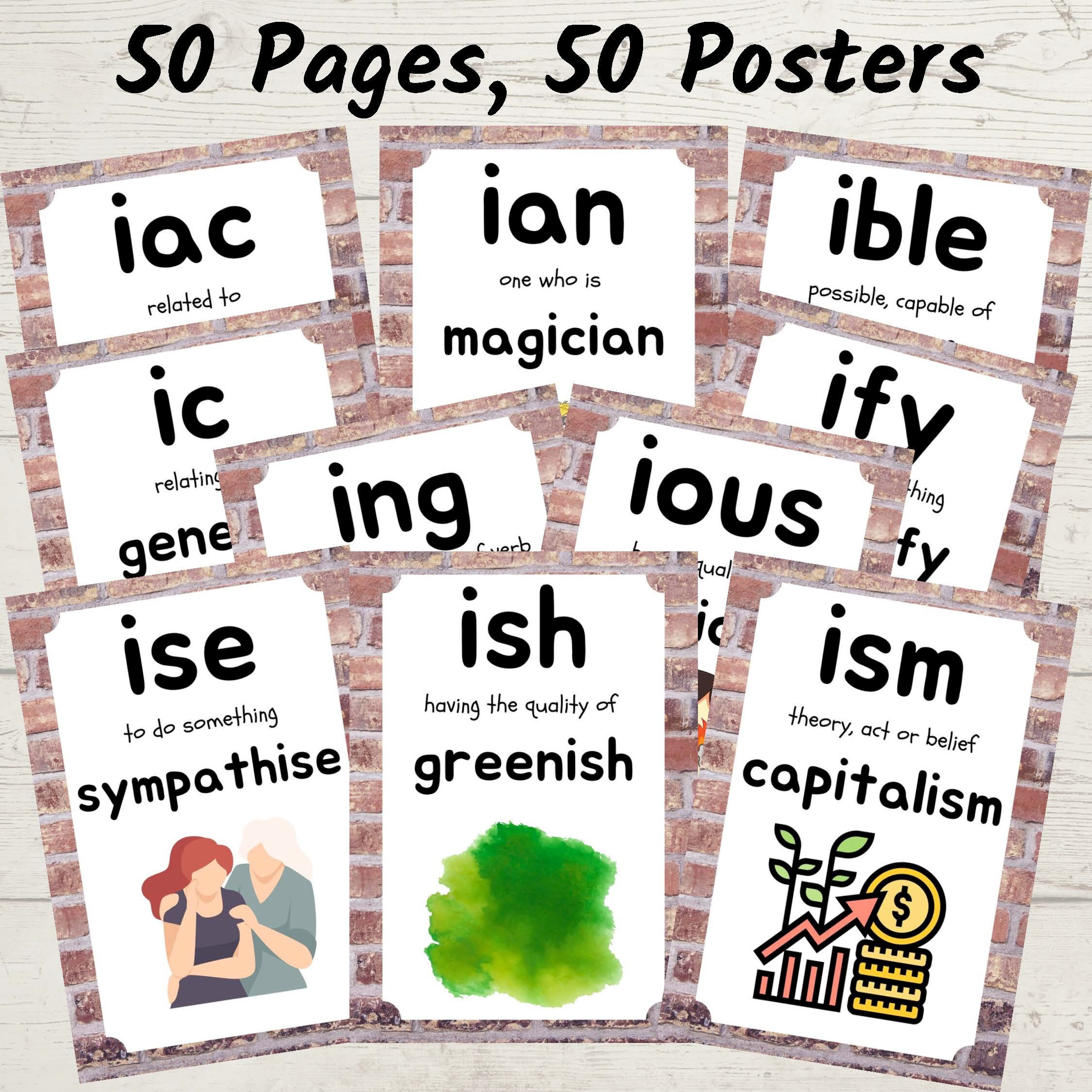 Suffix Posters 50 Grammar Anchor Charts for Classroom Decor and Word ...