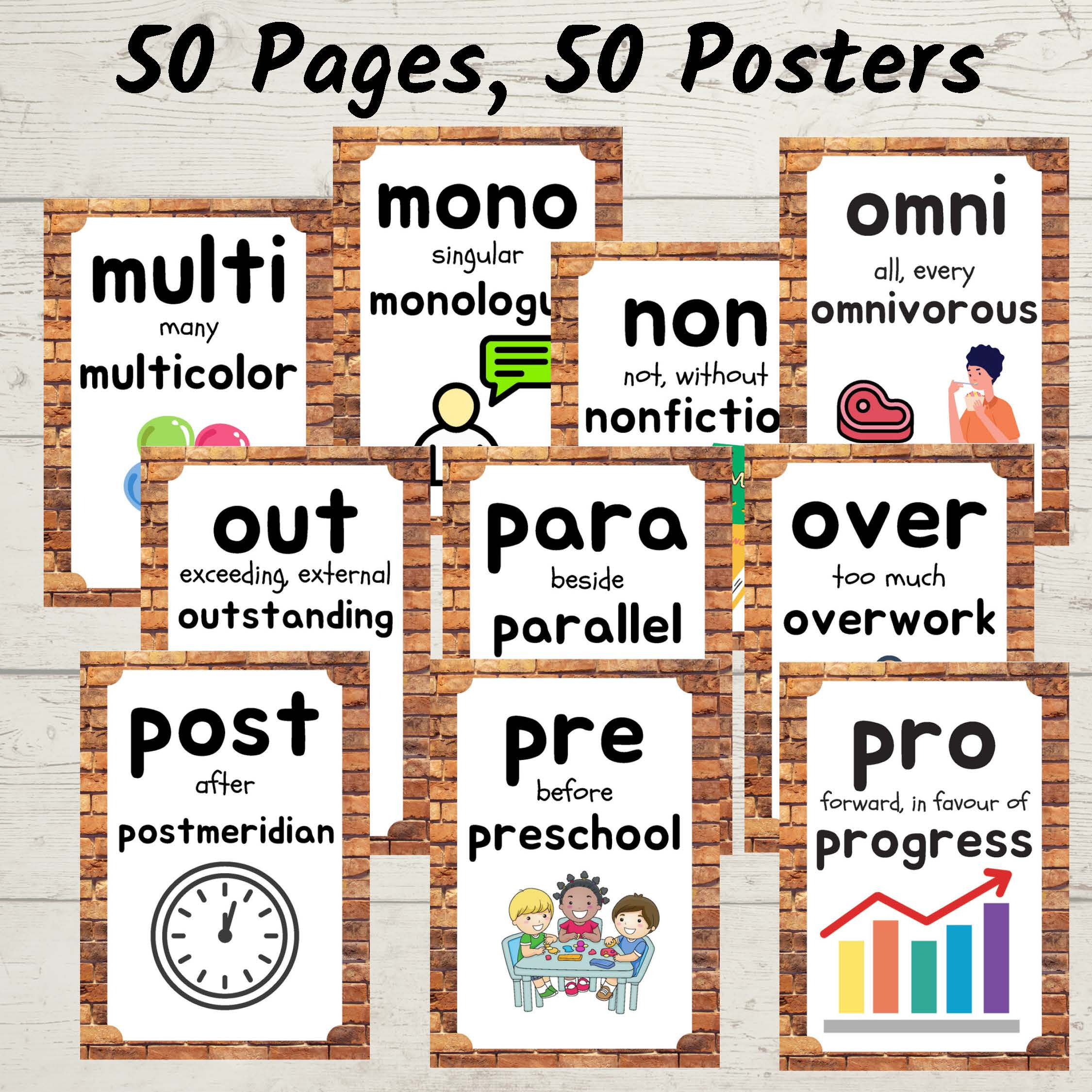 Prefix Posters – 50 Grammar Anchor Charts for Classroom Decor and Word ...