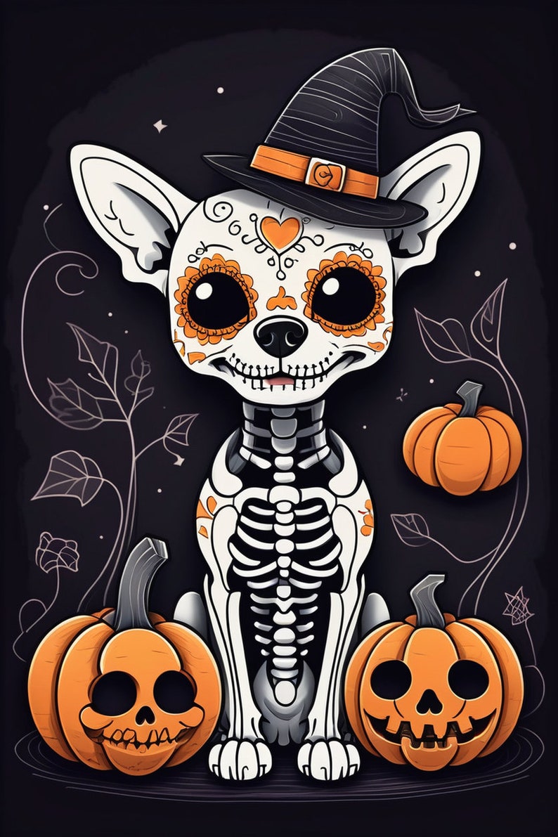 Artful Sugar Skull Skeleton Dog Bundle, Retro Halloween 2024, 18 ...