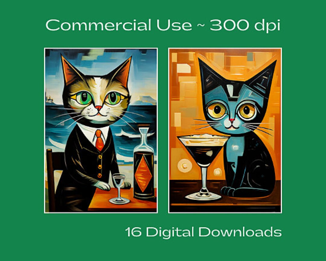 Retro Cocktail Cat Art Bundle, 18 Commercial Use Digital Downloads - Etsy UK