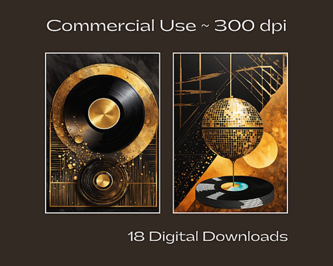 Party Disco Ball & Vinal Record Art Bundle, 18 Commercial Use Digital ...