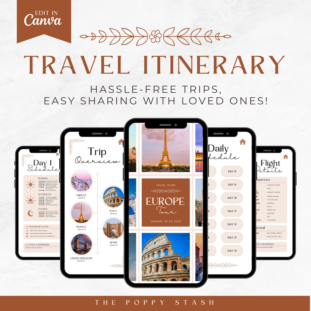 Editable Travel Itinerary Template Canva Travel Guide Girls Trip Travel ...