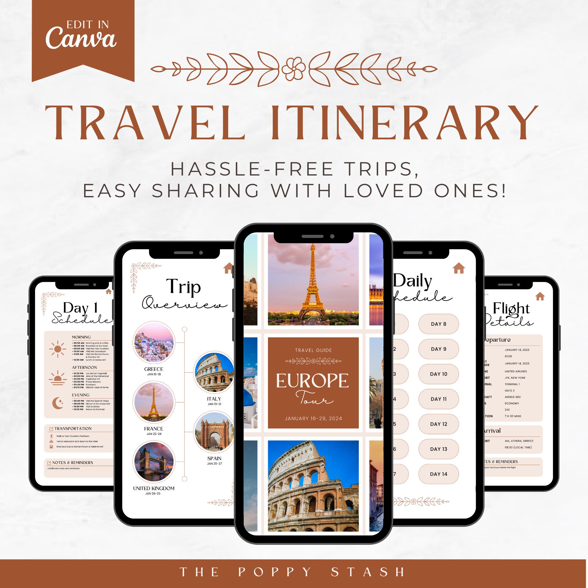 Editable Travel Itinerary Template Canva Travel Guide Girls Trip Travel ...
