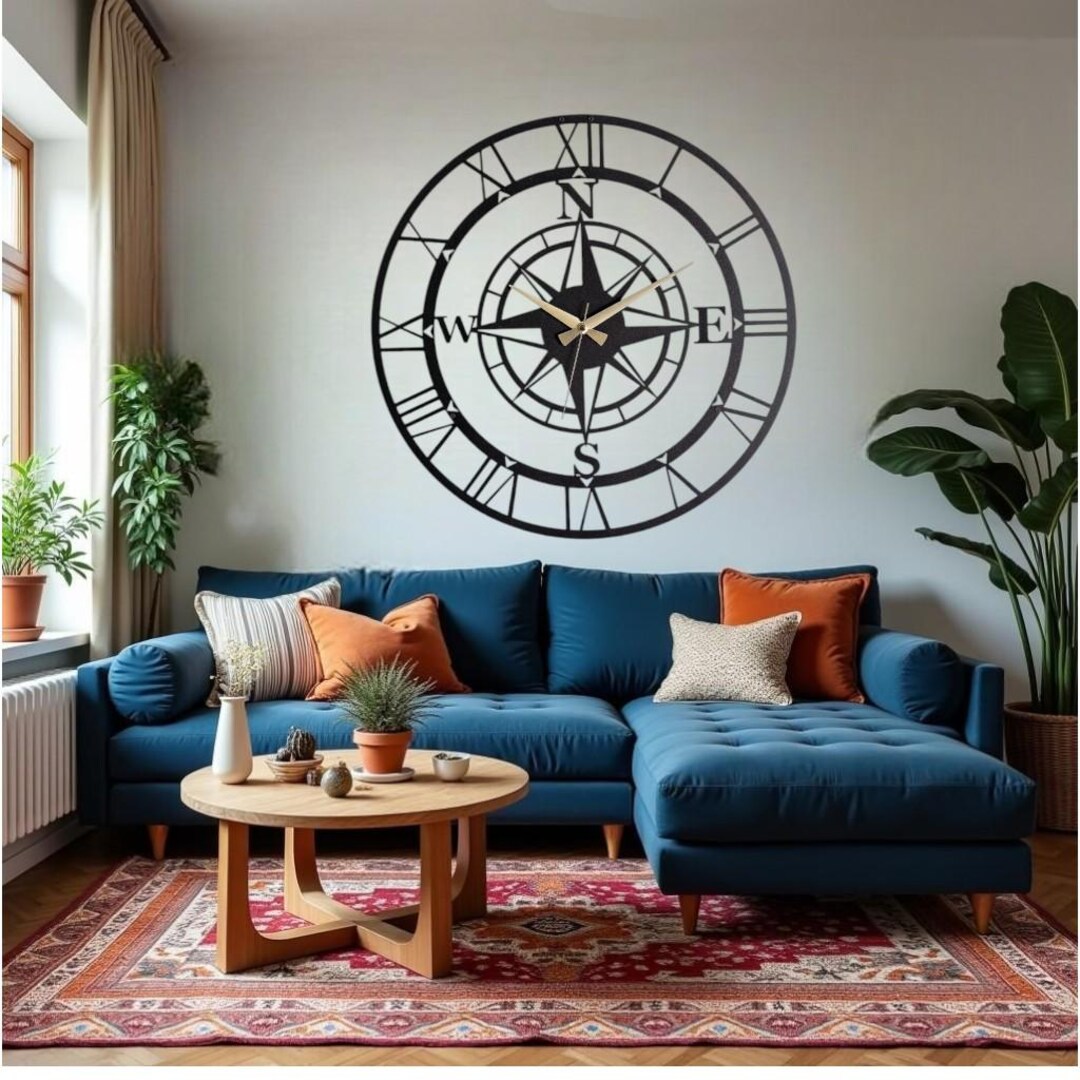 Large Metal Compass Wall Clock: Modern Roman Numeral Decor - Etsy