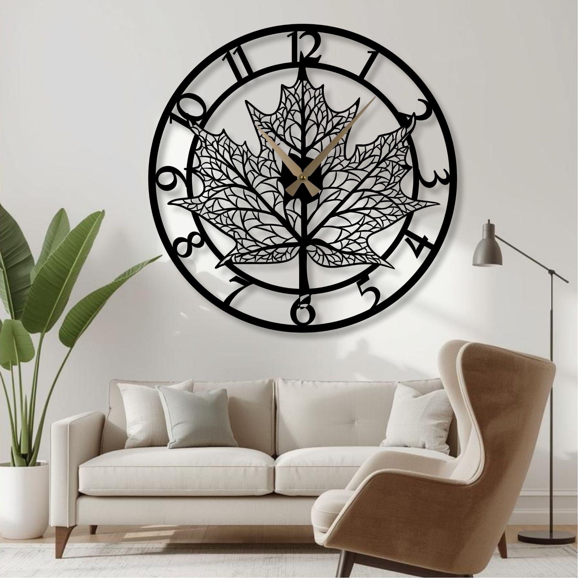 Maple Leaf Metal Wall Clock – Nature Inspired Cutout Clock – Modern ...
