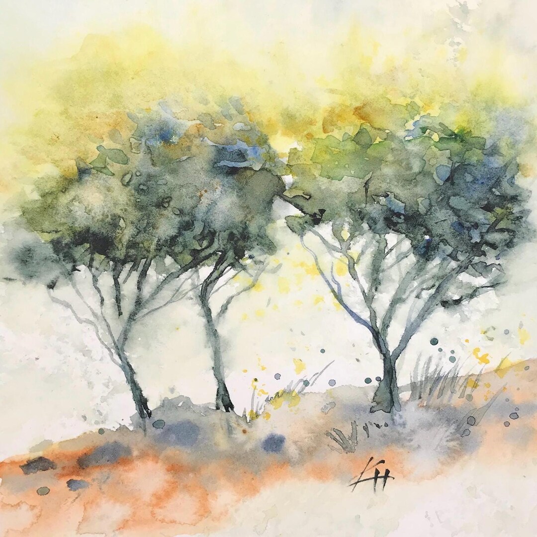 Watercolor, Trees, 16x16, Original, Hand Signed and Stamped, Sunlit ...