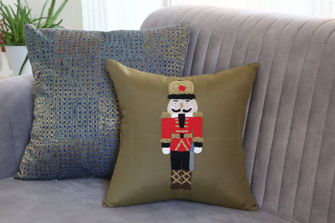 Nutcracker Soldier Punch Needle Pillow, Personalized Embroidered Xmas Pillow Cover, Gift for ...