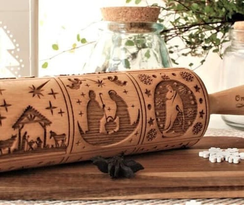 Christmas Rolling Pin Cookie Cutters Stamp Nativity Dough Roller Xmas ...