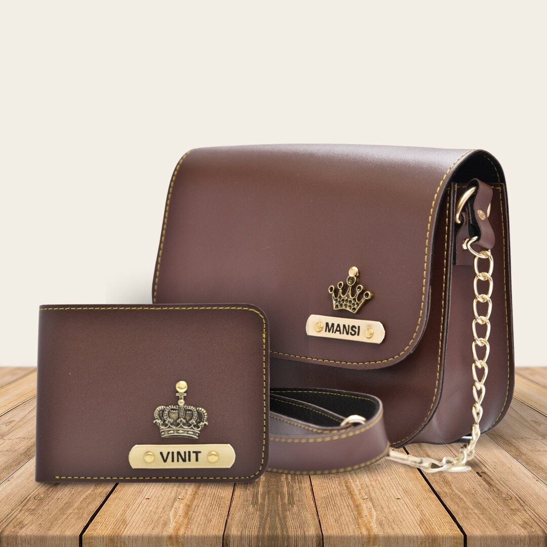 Leather Couple Purse Wallet Combo Customized Men Wallet and Women Chain ...