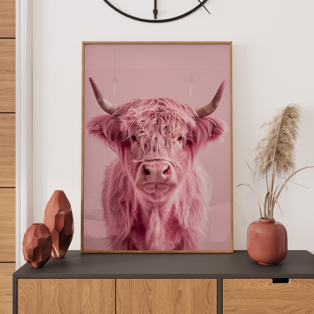 Pink Highland Cow Wall Art: Minimalist Poster, Highland Cow Print, Pink ...
