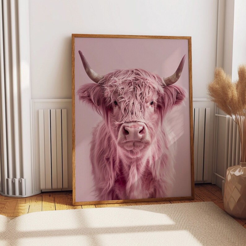 Pink Highland Cow Wall Art: Minimalist Poster, Highland Cow Print, Pink ...