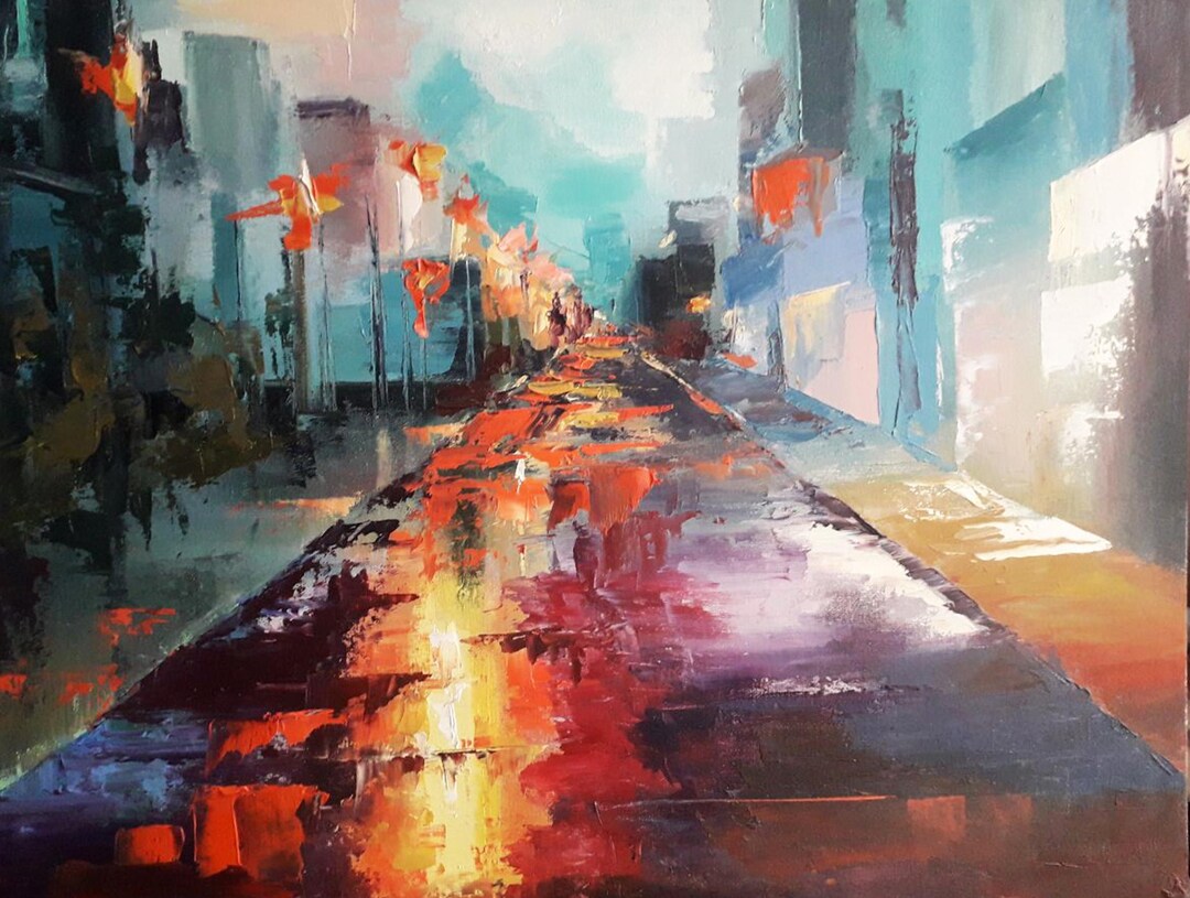 Abstract Cityscape Oil Painting: Palette Knife Rainy Street Art - Etsy