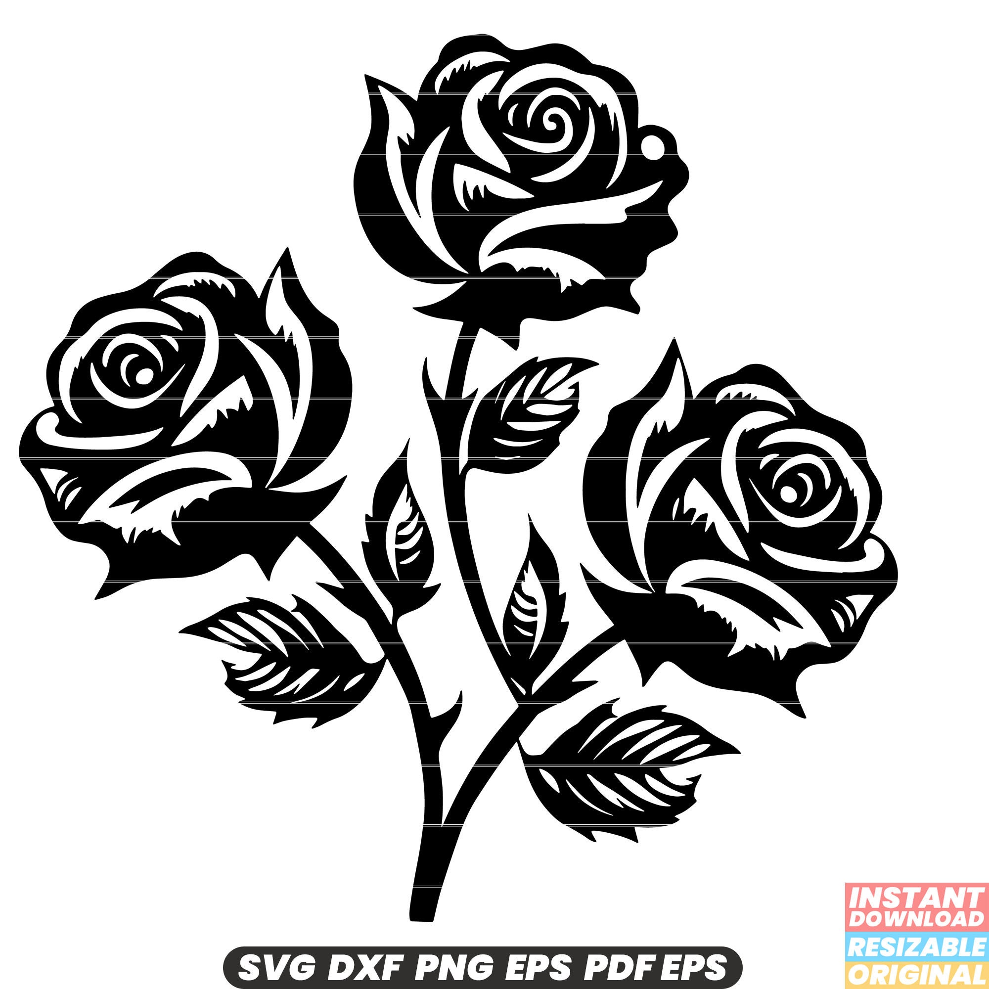 Three Roses SVG Floral Illustration Three Roses Clipart Flower Graphic ...