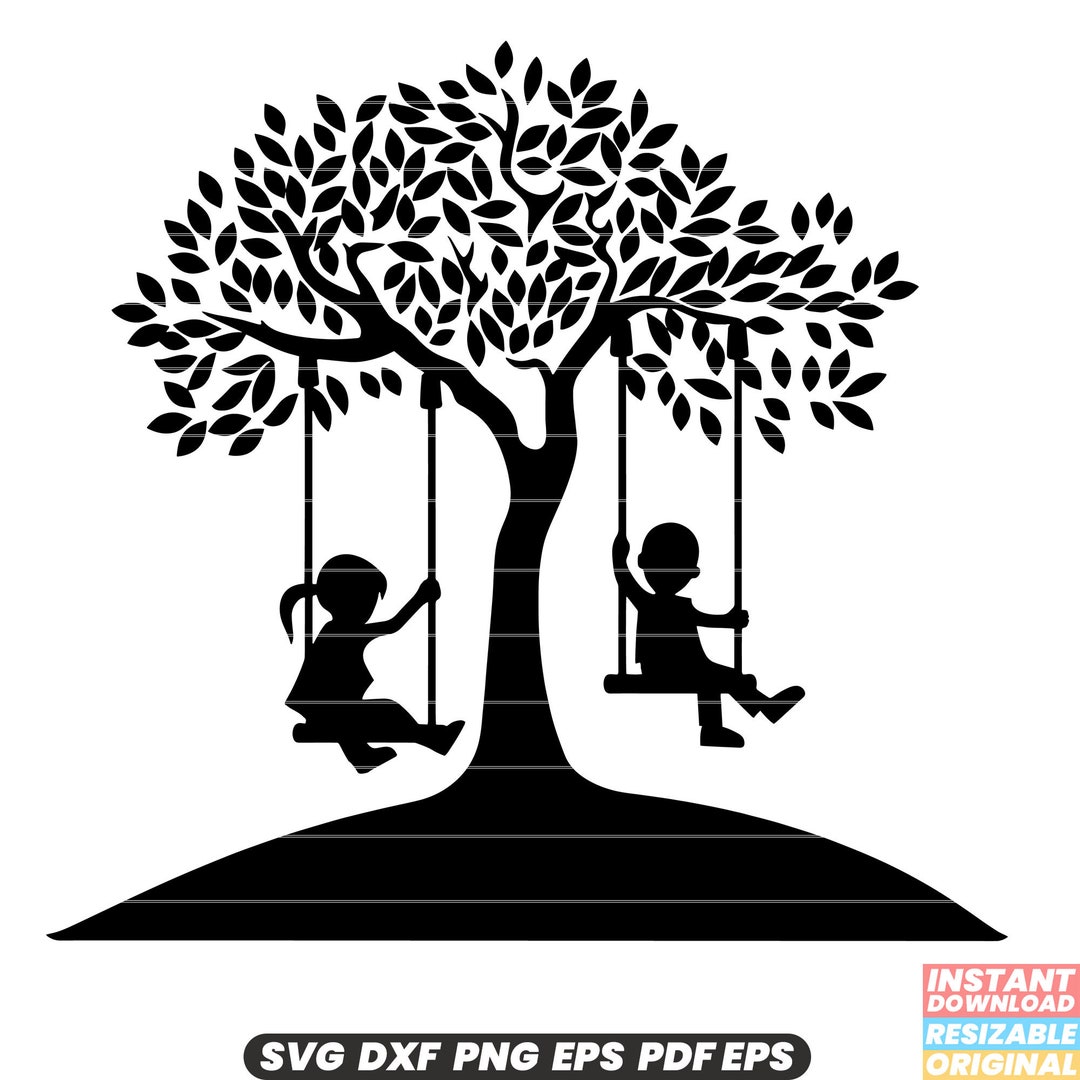 Two Kids Tree Swing SVG Childhood Illustration Two Kids Tree Swing ...