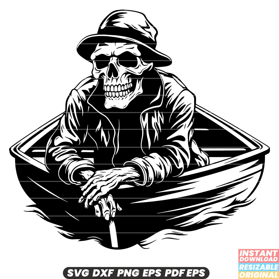 Skeleton Fisherman Fishing Rod Reel Tackle Box Boat Water Sea Ocean ...