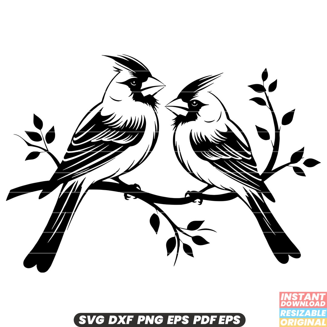 Two Cardinal Birds on Tree Branch SVG Bird Illustration Two Cardinal ...