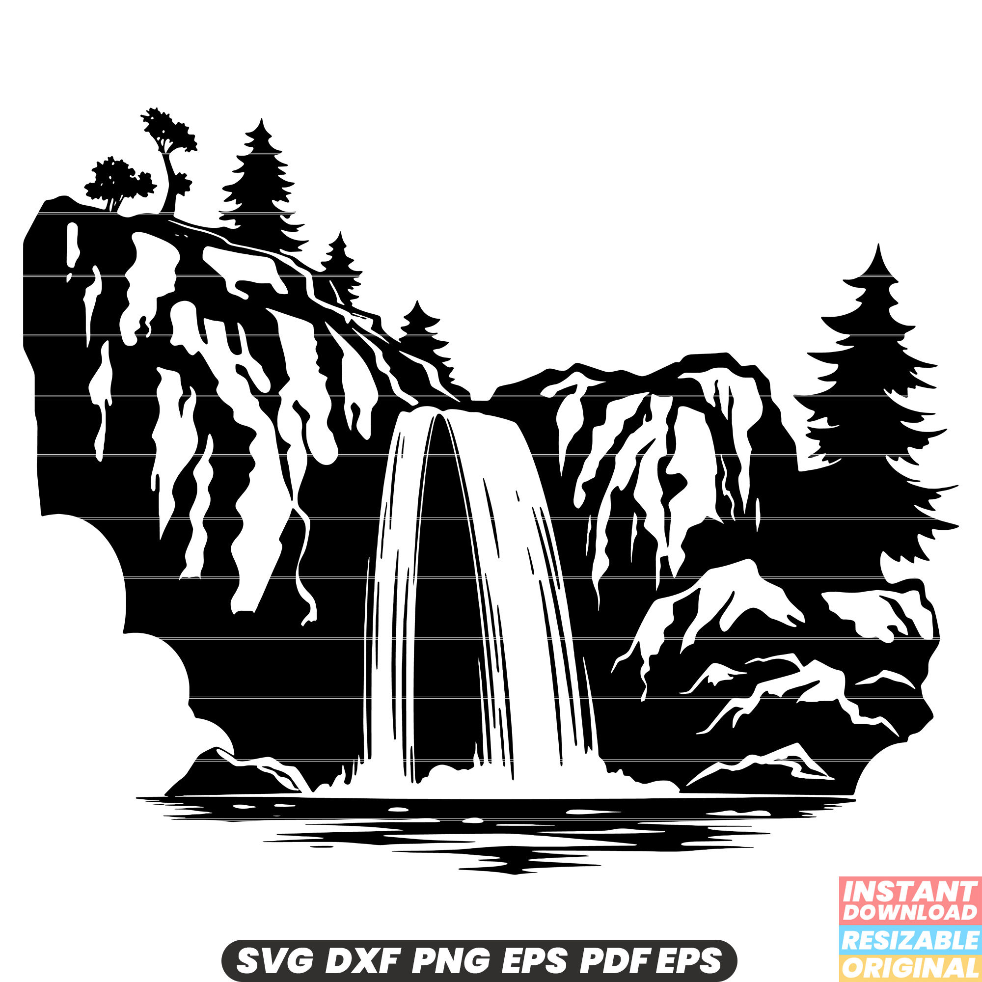 Waterfall Nature Cascade Flowing Water River Stream Landscape SVG DXF ...