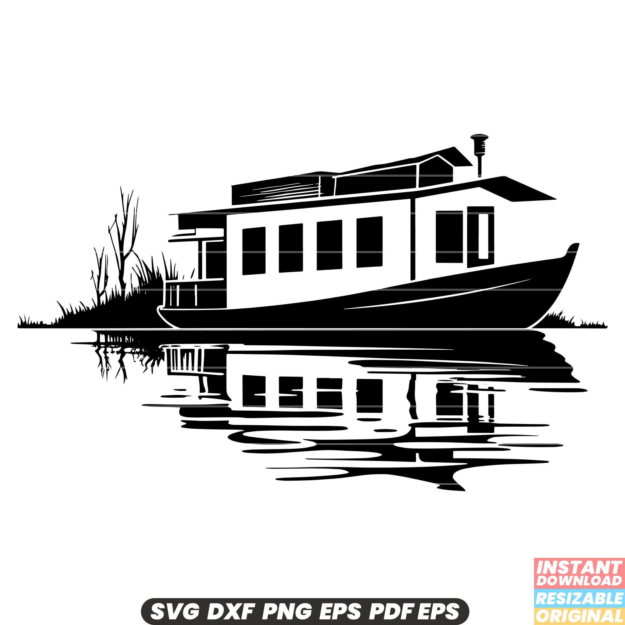 Houseboat Boat Vessel Water Floating Home Residence River Lake SVG DXF ...