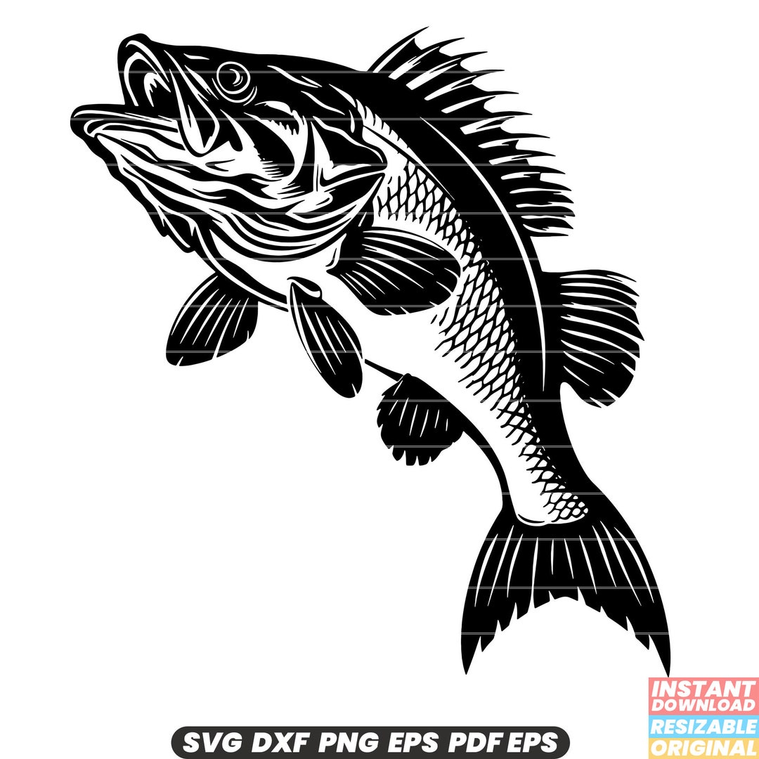 Jumping Bass SVG Fishing Illustration Bass Fish Clipart Jumping Catch ...